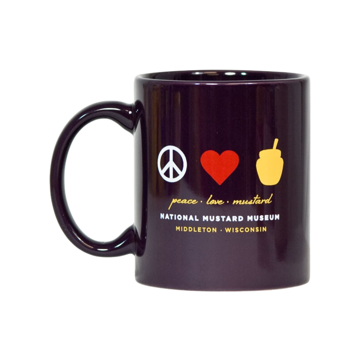 Mustard Museum Purple "Peace Love Mustard" Mug — National Mustard Museum